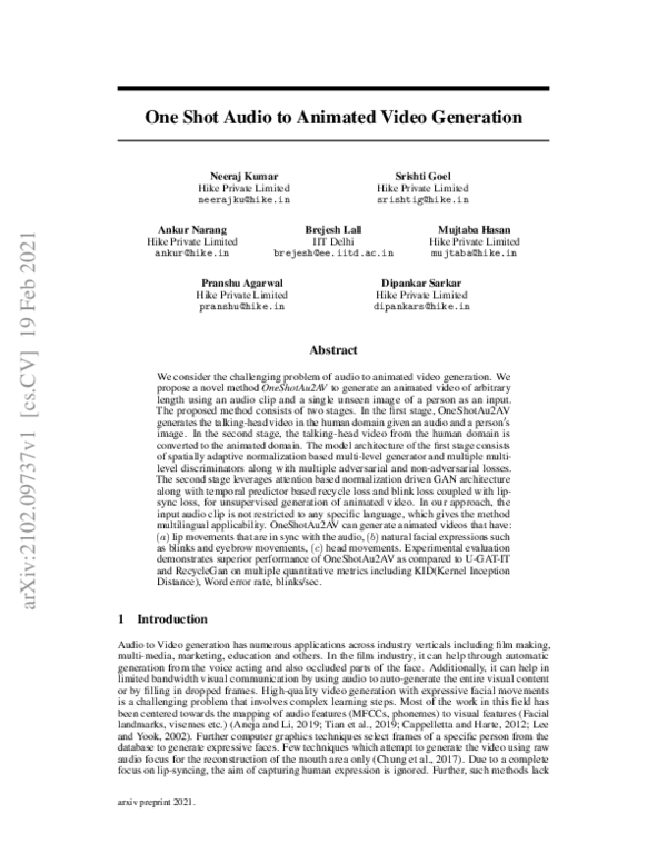 (PDF) One Shot Audio to Animated Video Generation
