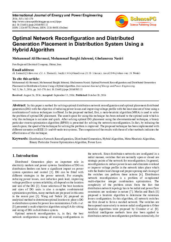 Pdf Optimal Network Reconfiguration And Distributed Generation Placement In Distribution