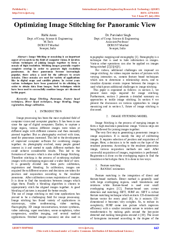 (PDF) Optimizing Image Stitching for Panoramic View