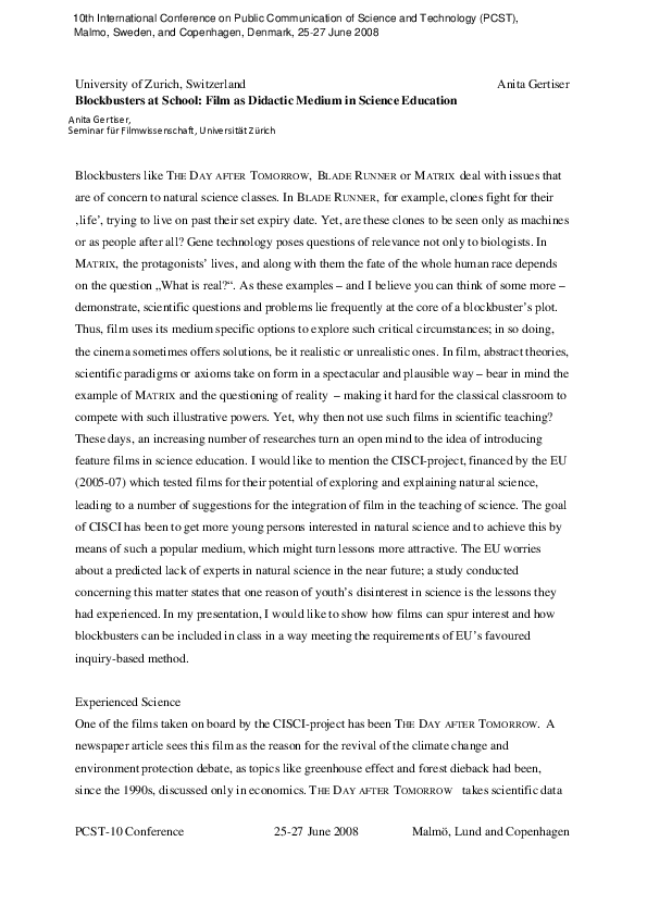 (PDF) Blockbusters at School: Film as Didactic Medium in Science Education