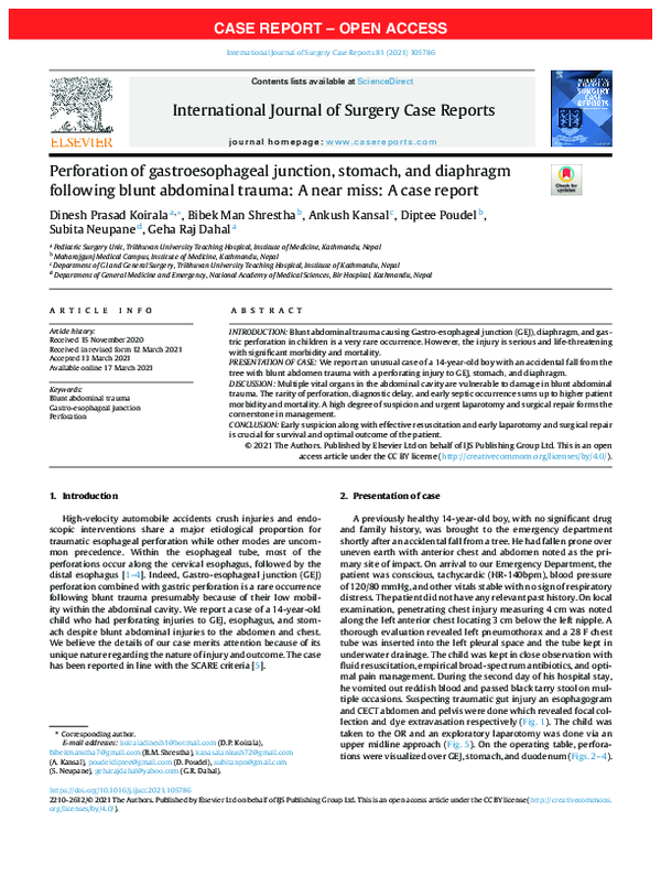 (PDF) Perforation of gastroesophageal junction, stomach, and diaphragm following blunt abdominal ...