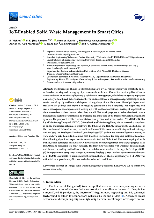 (PDF) IoT-Enabled Solid Waste Management in Smart Cities