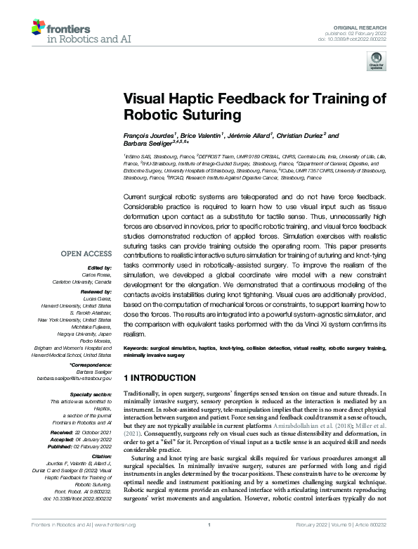 (PDF) Visual Haptic Feedback for Training of Robotic Suturing