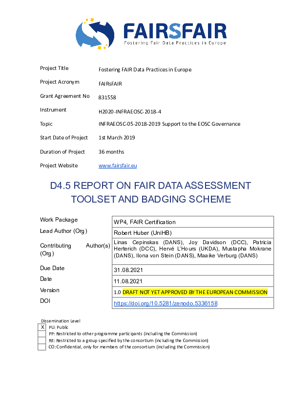 (PDF) D4.5 Report on FAIR Data Assessment Toolset and Badging Scheme