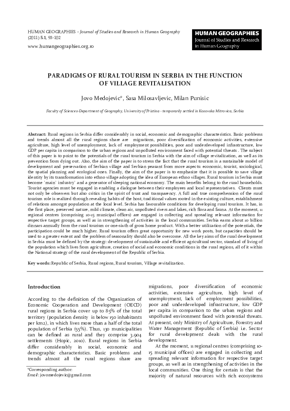 Pdf Paradigms Of Rural Tourism In Serbia In The Function Of Village