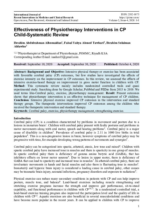 (PDF) Effectiveness of Physiotherapy Interventions in CP Child ...