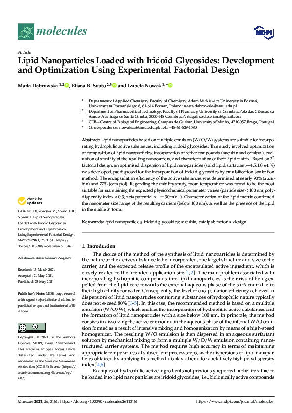 Pdf Lipid Nanoparticles Loaded With Iridoid Glycosides Development And Optimization Using