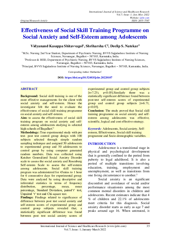 (PDF) Effectiveness of Social Skill Training Programme on Social ...