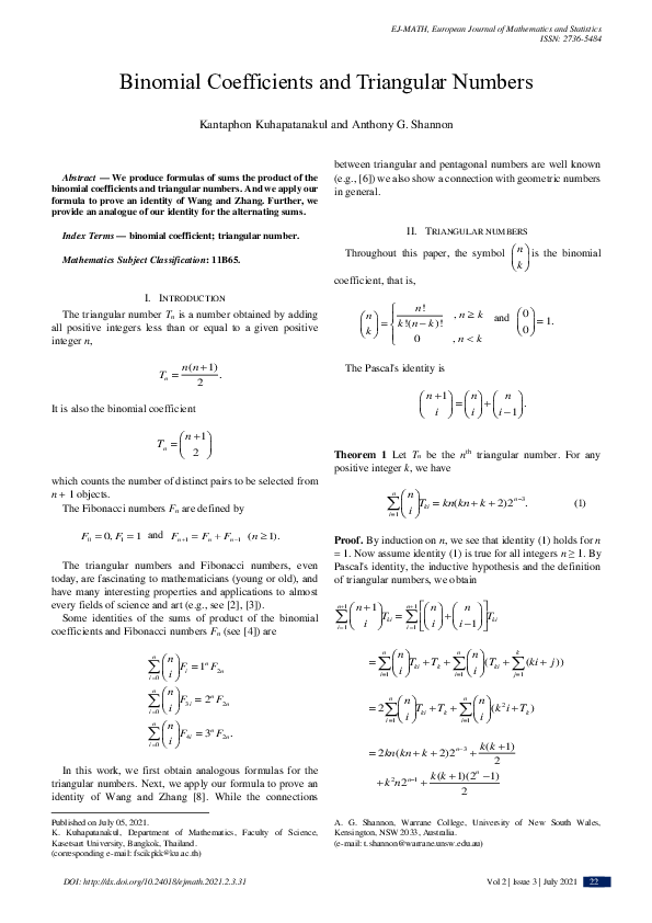 (PDF) Binomial Coefficients and Triangular Numbers