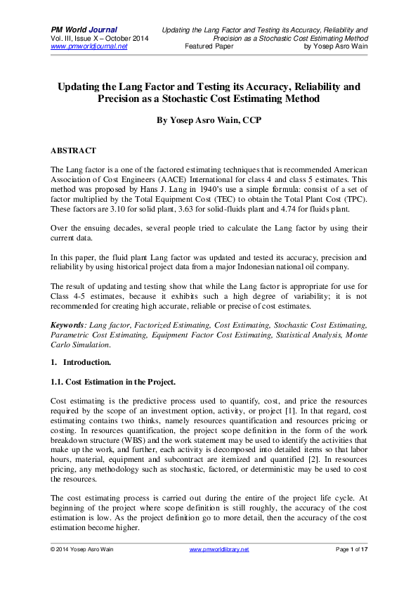 (PDF) Updating the Lang Factor and Testing its Accuracy, Reliability ...