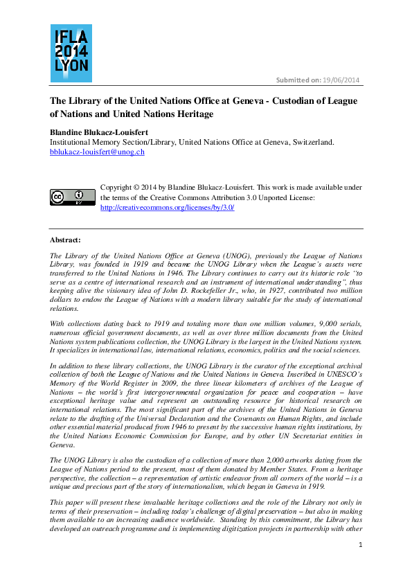 (PDF) The Library of the United Nations Office at Geneva - Custodian of ...