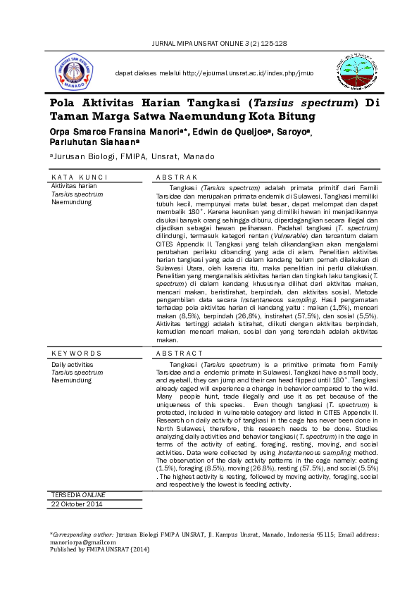 (PDF) Pola Aktivitas Harian Tangkasi (Tarsius spectrum) Di Taman Marga ...