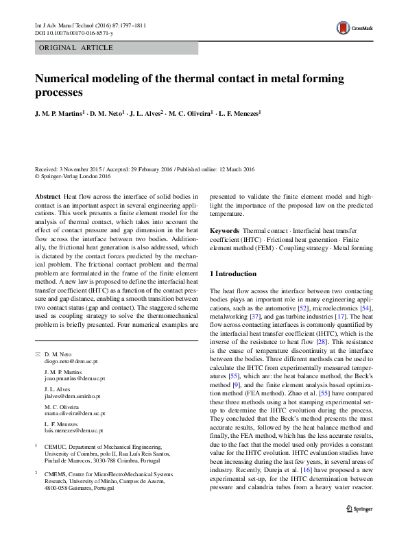 (PDF) Numerical modeling of the thermal contact in metal forming processes