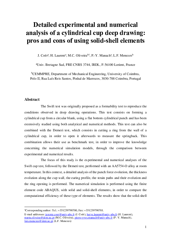 (PDF) Detailed experimental and numerical analysis of a cylindrical cup ...