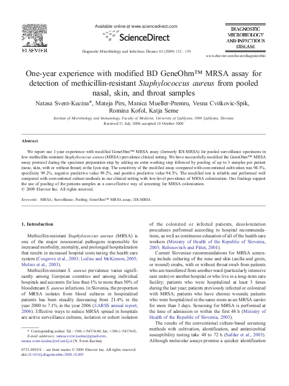 (PDF) One-year experience with modified BD GeneOhm™ MRSA assay for detection of methicillin ...