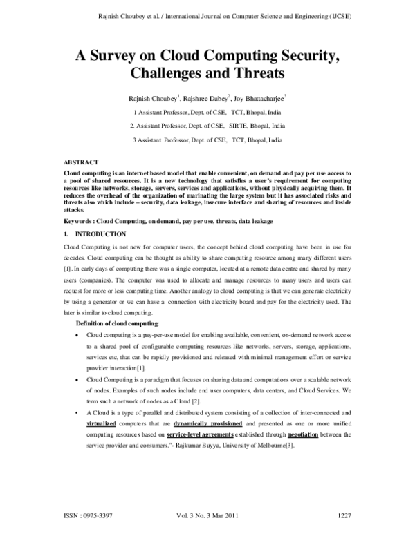 Pdf A Survey On Cloud Computing Security Challenges And Threats