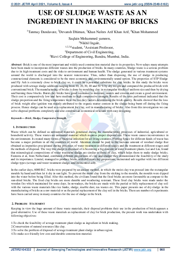 (PDF) Use of sludge in making of bricks