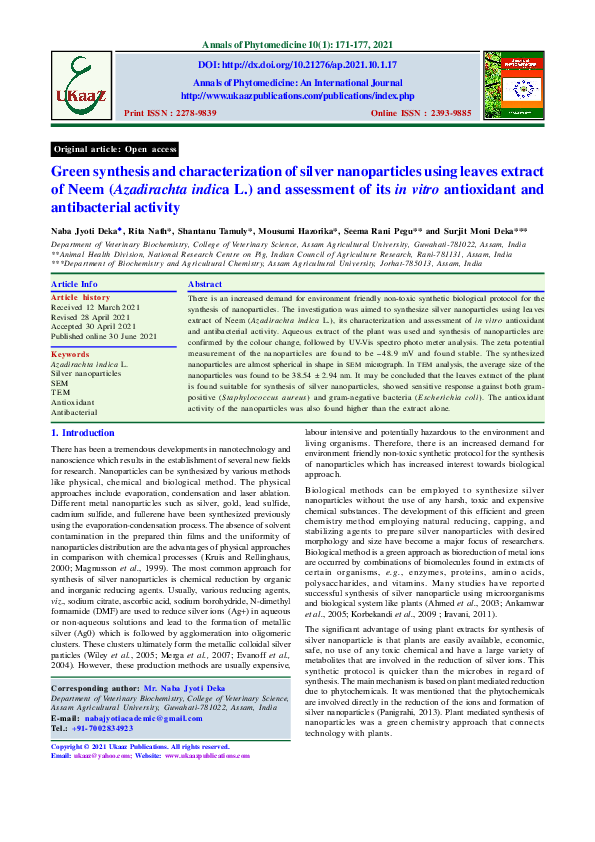(PDF) Green synthesis and characterization of silver nanoparticles using leaves extract of Neem ...