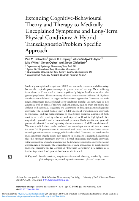 (PDF) Extending Cognitive-Behavioural Theory and Therapy to Medically ...