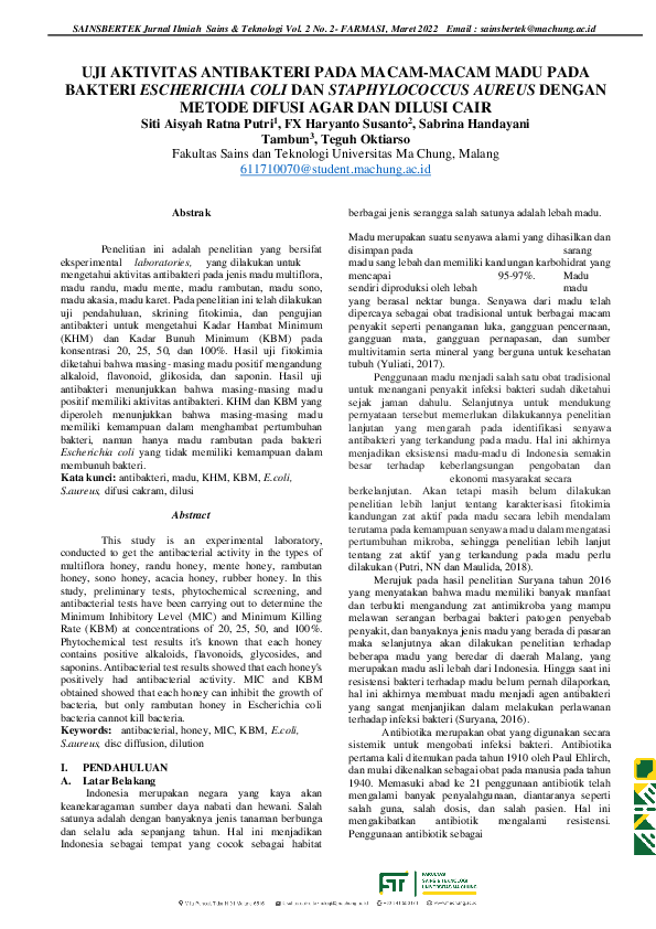 (PDF) Uji Aktivitas Antibakteri Pada Macam Macam Madu Pada Bakteri ...