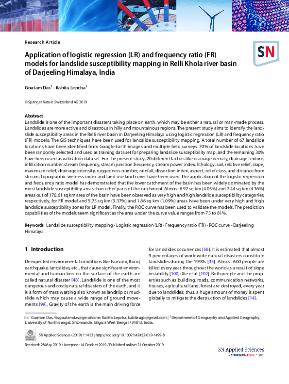 (PDF) RS GIS-based landslide susceptibility mapping of the Balason River basin, Darjeeling ...