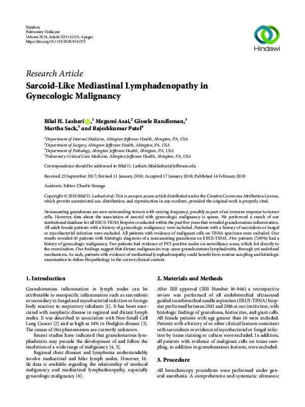 (PDF) Sarcoid-Like Mediastinal Lymphadenopathy in Gynecologic Malignancy