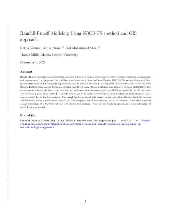(PDF) Rainfall-Runoff Modeling Using NRCS-CN method and GIS approach (PDF) Rainfall-Runoff Modeling Using NRCS-CN method and GIS approach