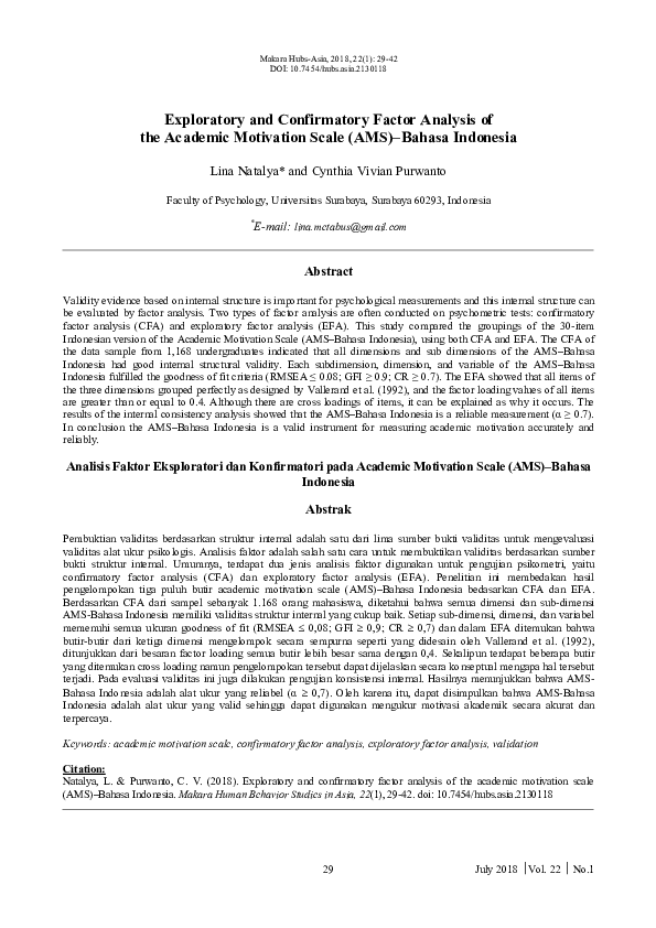 (PDF) Exploratory and Confirmatory Factor Analysis of the Academic Motivation Scale (AMS)–Bahasa ...