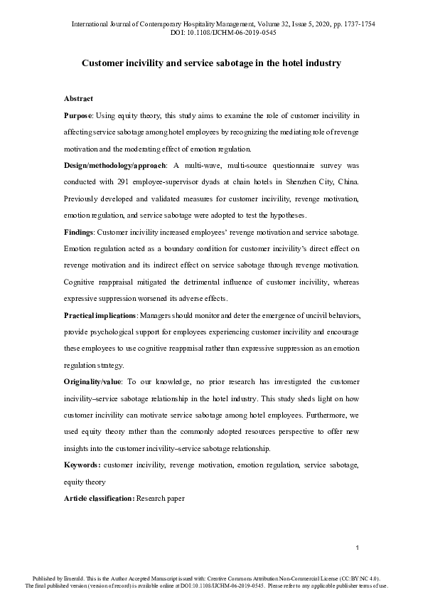 (PDF) Customer incivility and service sabotage in the hotel industry