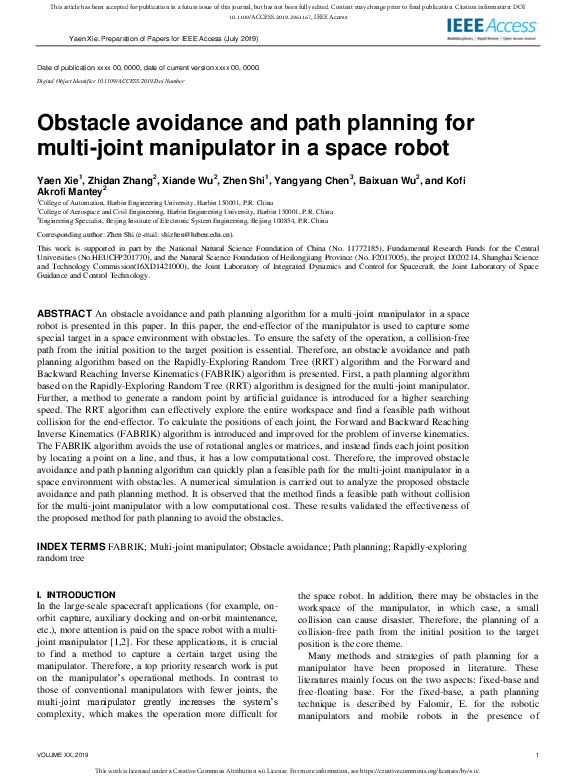 (PDF) Obstacle avoidance and path planning for multi-joint manipulator in a space robot | Kofi ...