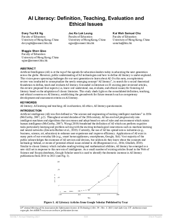 (PDF) AI Literacy: Definition, Teaching, Evaluation and Ethical Issues