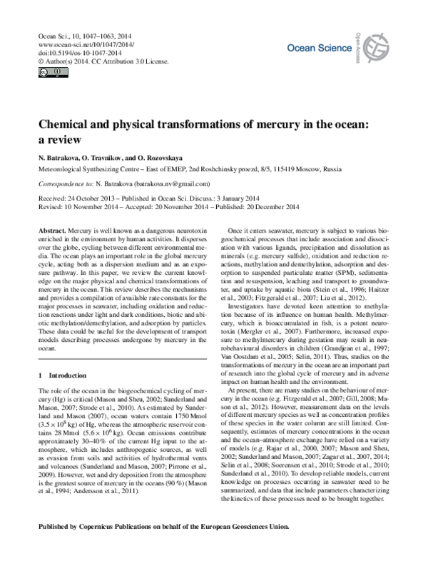 Pdf Chemical And Physical Transformations Of Mercury In The Ocean A
