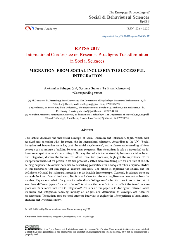 (PDF) Migration: From Social Inclusion To Successful Integration