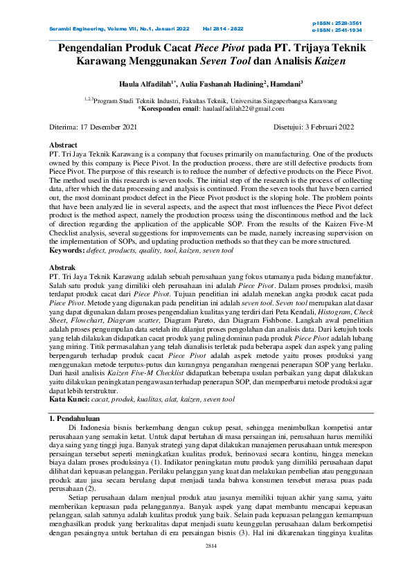 (PDF) Pengendalian Kualitas Produk Cacat Piece Pivot pada PT. Trijaya Teknik Karawang ...