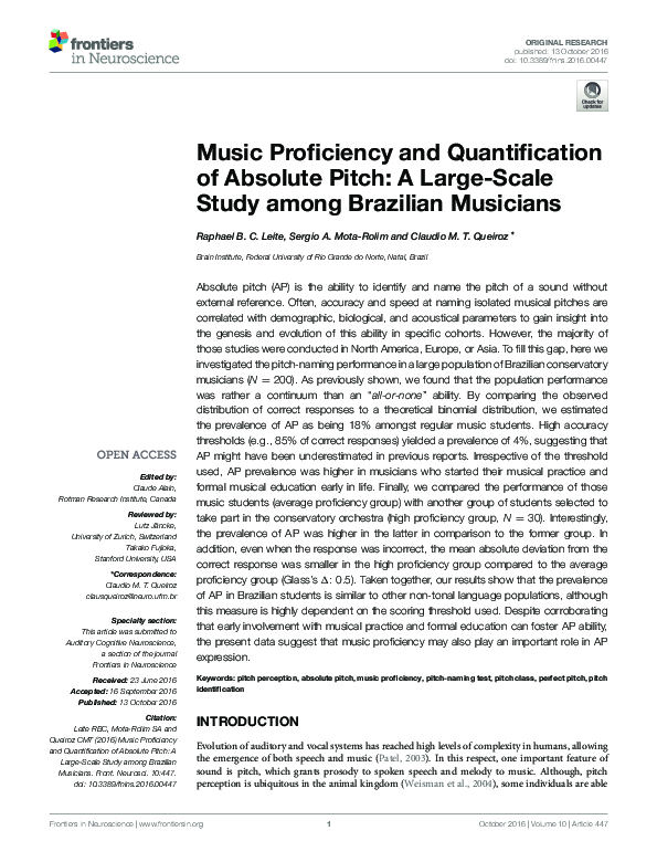 (PDF) Music Proficiency and Quantification of Absolute Pitch: A Large ...