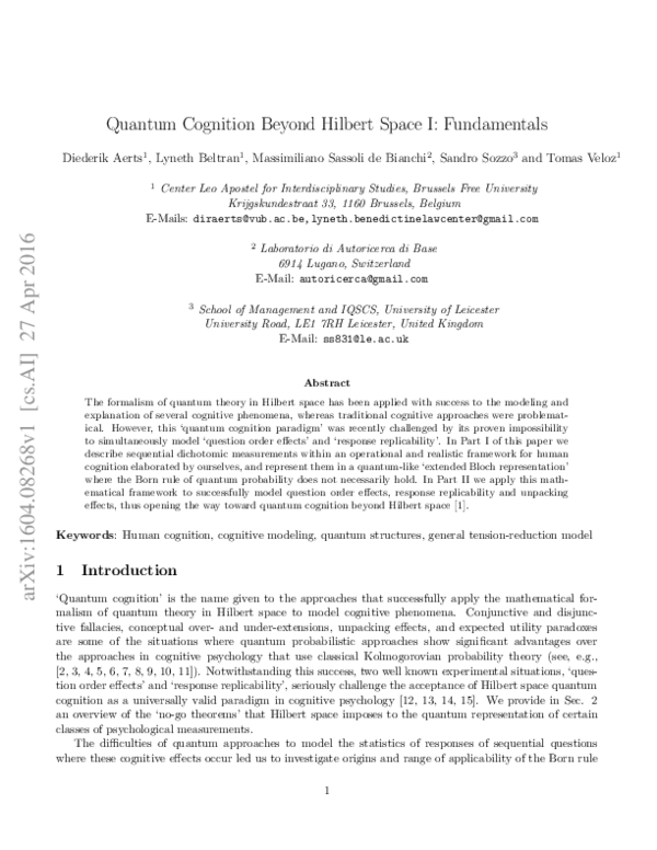 (PDF) Quantum Cognition Beyond Hilbert Space I: Fundamentals