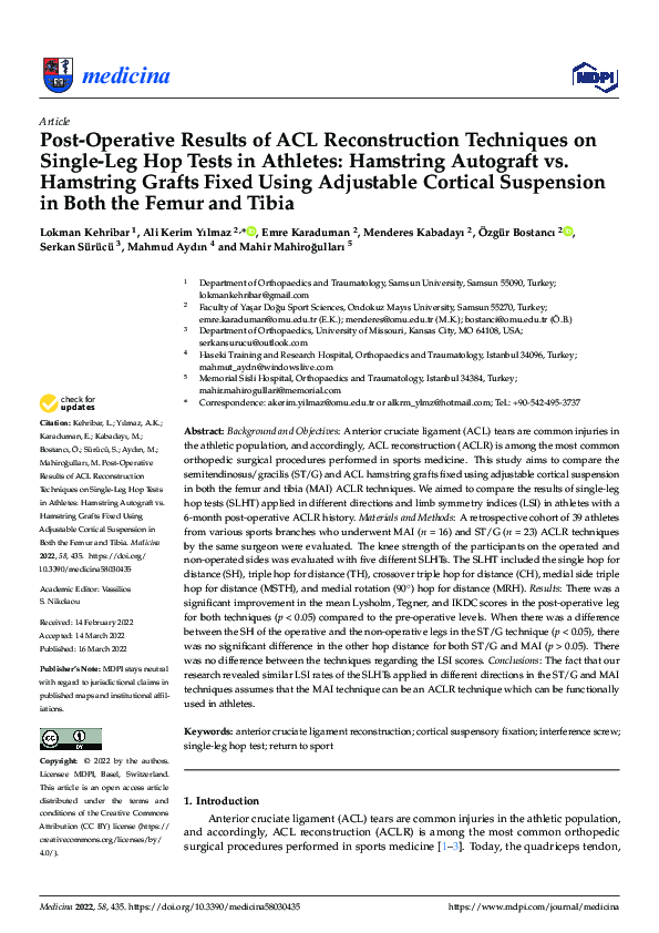 (PDF) Post-Operative Results of ACL Reconstruction Techniques on Single ...