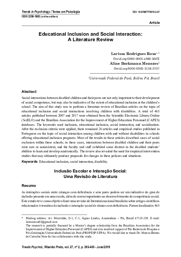 (PDF) Educational Inclusion and Social Interaction: A Literature Review