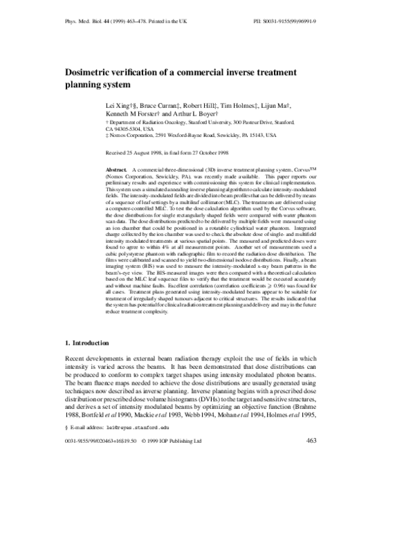 (PDF) Dosimetric verification of a commercial inverse treatment planning system