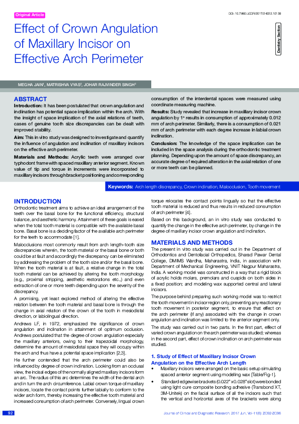 (PDF) Effect of Crown Angulation of Maxillary Incisor on Effective Arch ...