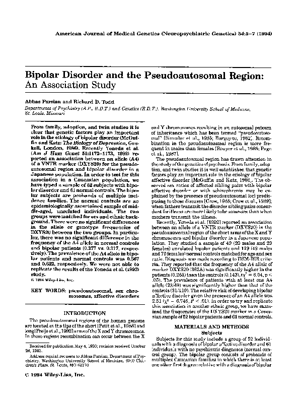 (PDF) Bipolar disorder and the pseudoautosomal region: An association study