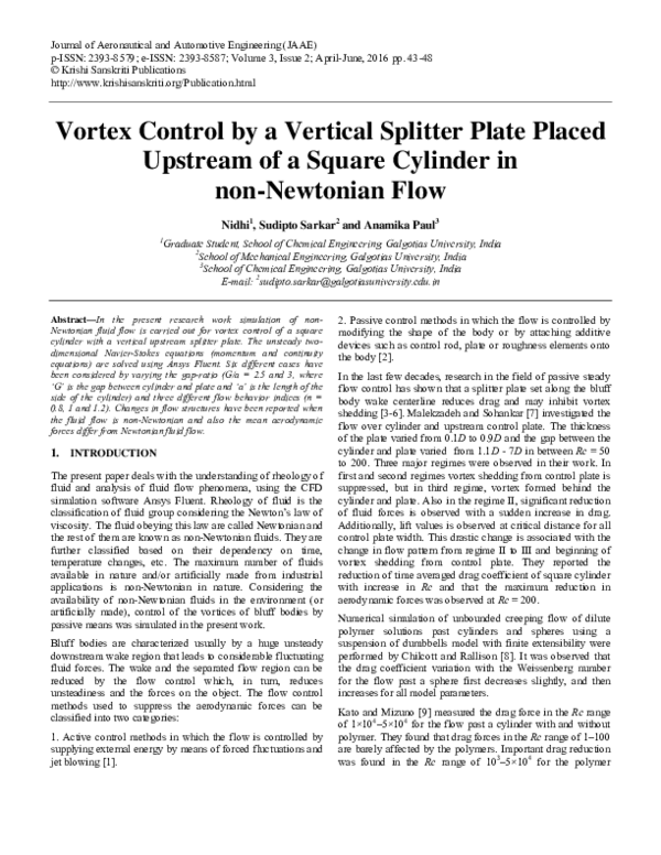 (PDF) Vortex Control by a Vertical Splitter Plate Placed Upstream of a Square Cylinder in non ...
