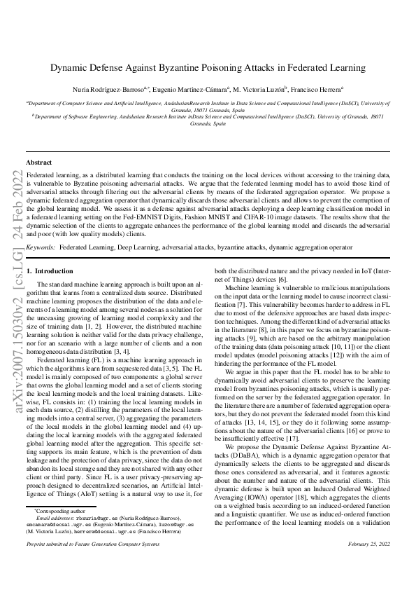 (PDF) Dynamic Defense Against Byzantine Poisoning Attacks in Federated Learning