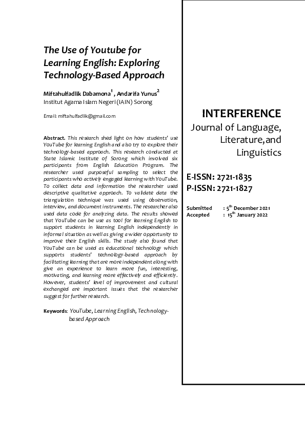 (PDF) The Use of Youtube for Learning English: Exploring Technology ...