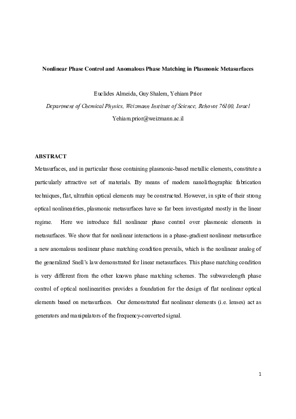 (PDF) Nonlinear Phase Control and Anomalous Phase Matching in Plasmonic ...