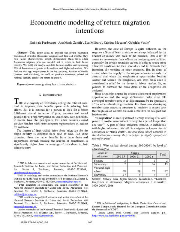 Pdf Econometric Modeling Of Return Migration Intentions
