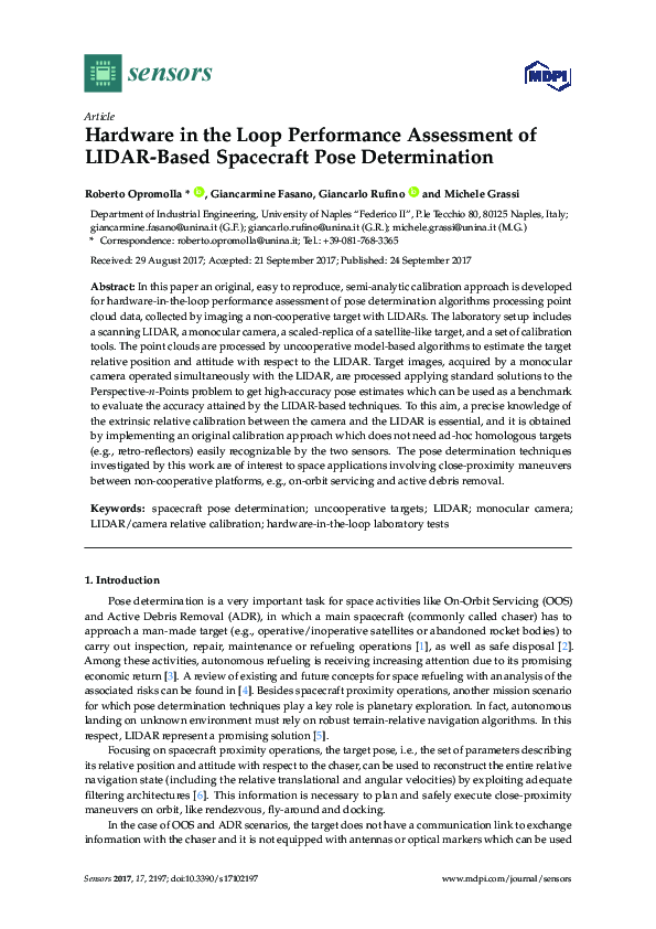 (PDF) Hardware in the Loop Performance Assessment of LIDAR-Based Spacecraft Pose Determination