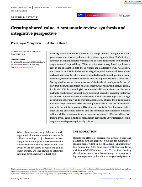 (PDF) Creating shared value: A systematic review, synthesis and ...