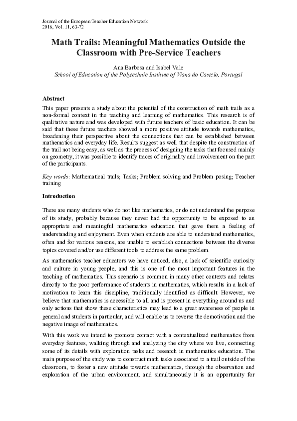 (PDF) Math Trails: Meaningful Mathematics Outside the Classroom with ...