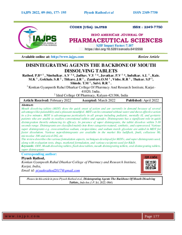 (PDF) DISINTEGRATING AGENTS THE BACKBONE OF MOUTH DISSOLVING TABLETS